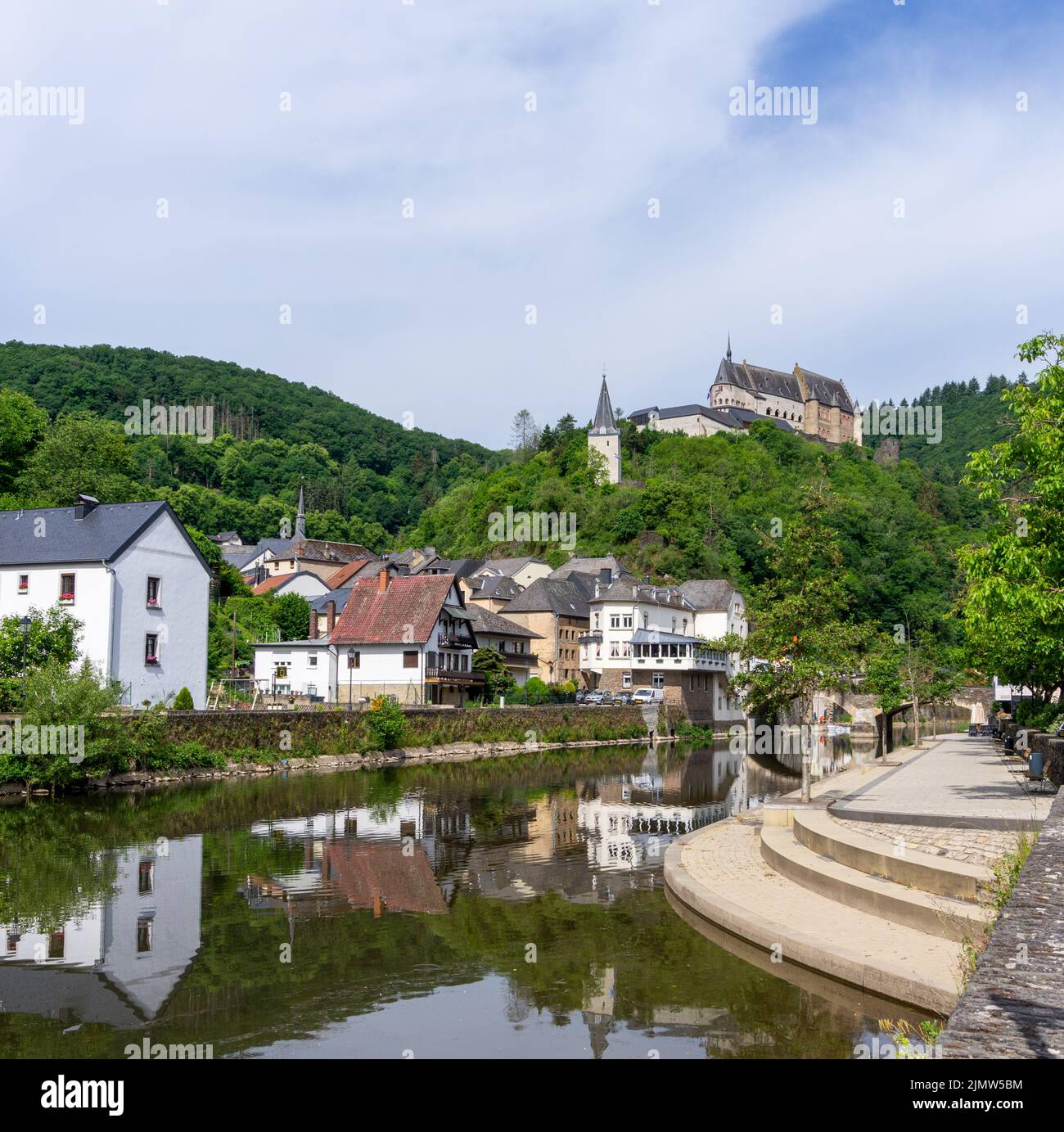 View of the picturesque village and castle of Vianden on the Our River ...