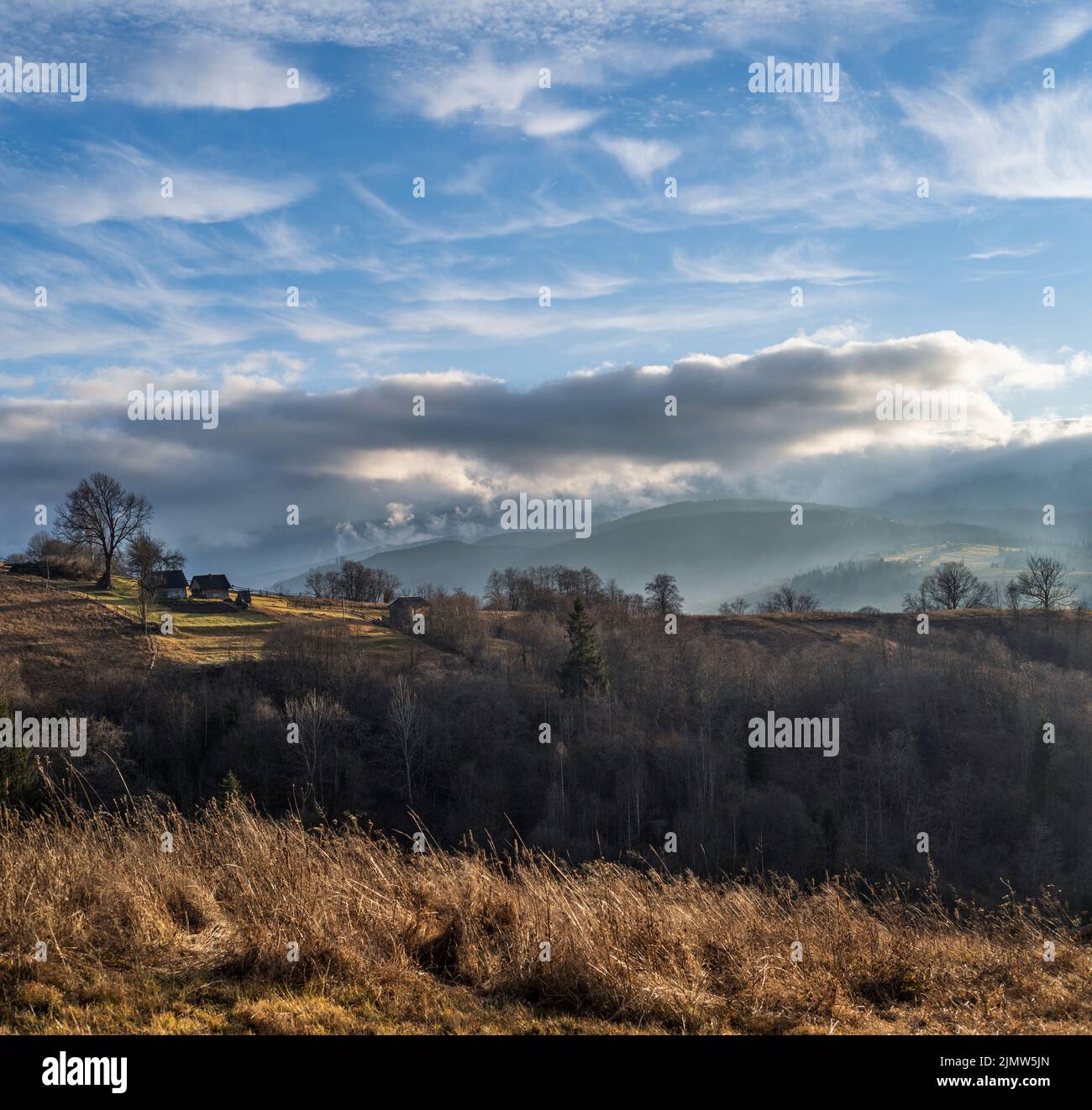 Last good weather days in autumn mountain countryside. Peaceful ...