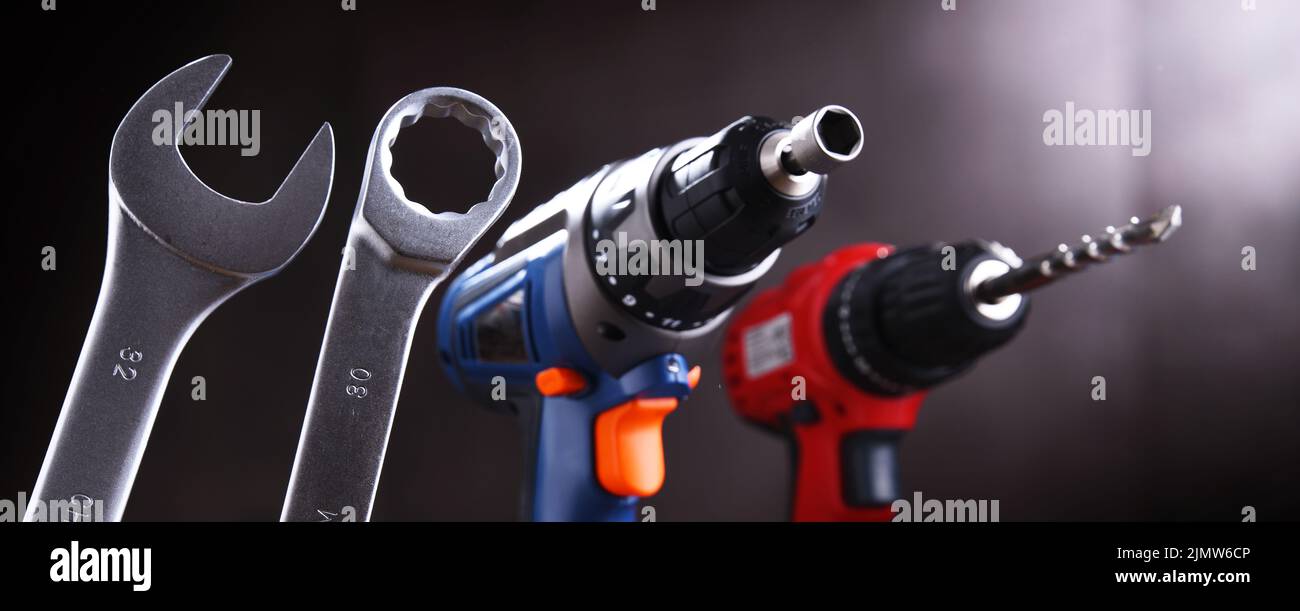 Composition with different kinds of hardware tools including cordless ...