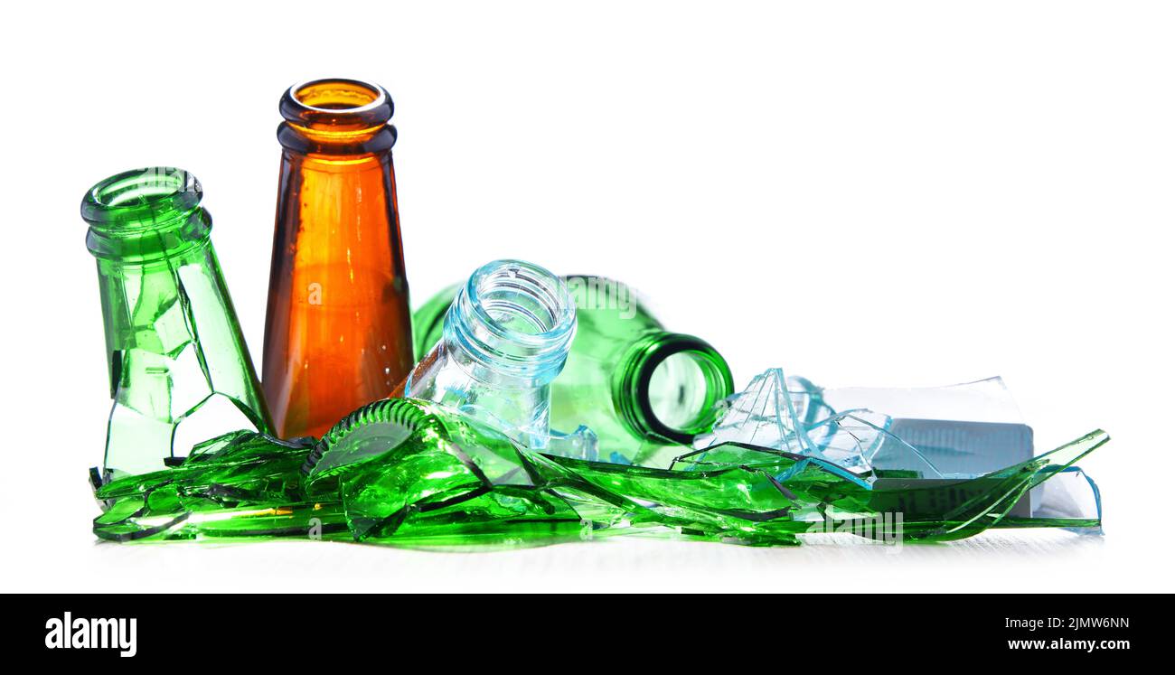 Broken glass bottles over white background. Recycling Stock Photo - Alamy