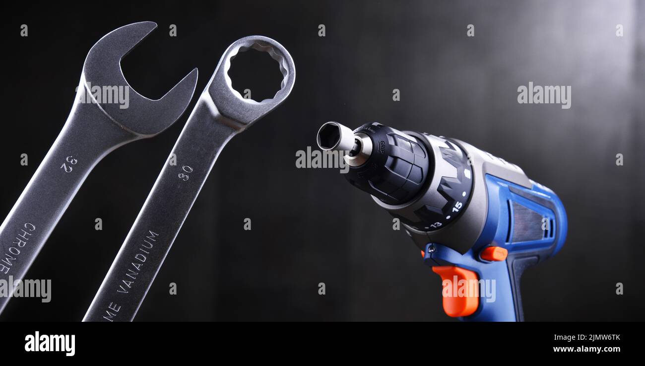 Composition with different kinds of hardware tools including cordless ...