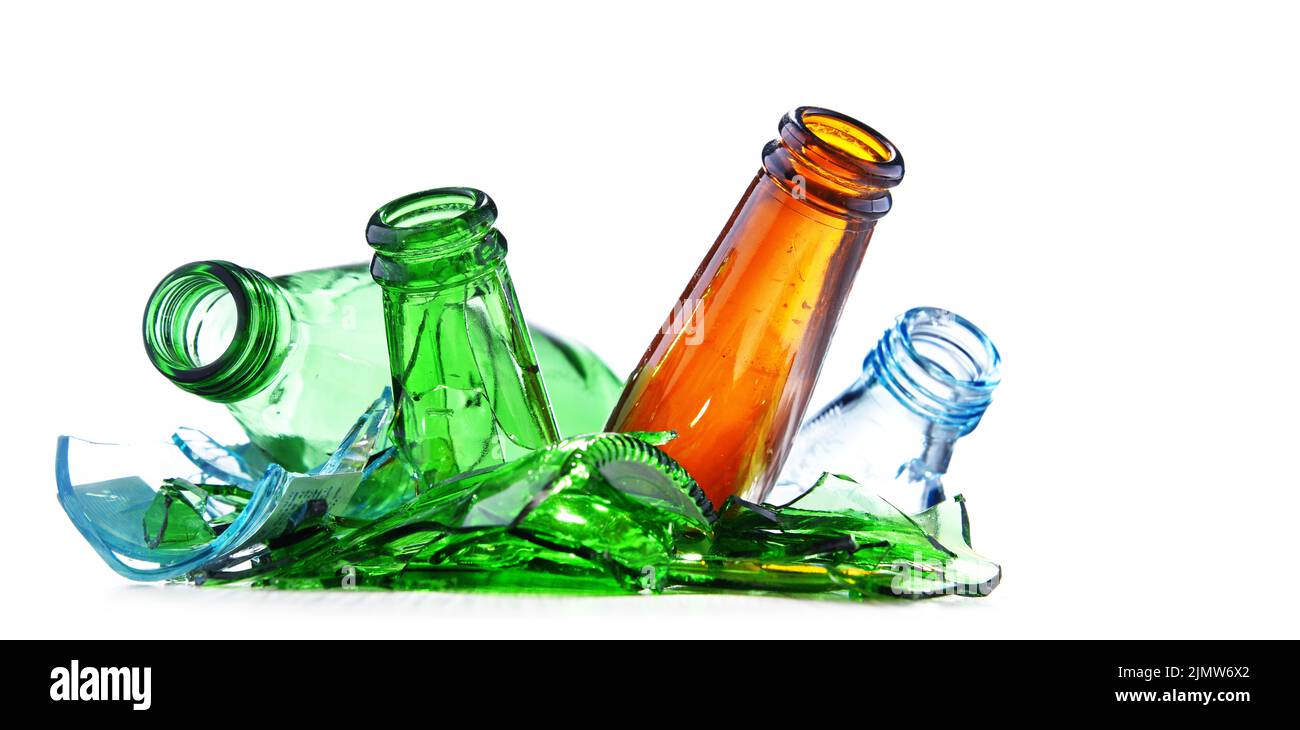 Broken glass bottles over white background. Recycling Stock Photo - Alamy