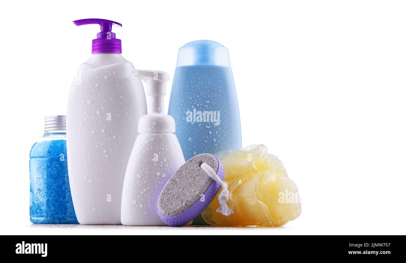 Plastic contaiers of shampoos and shower gels isolated on white ...