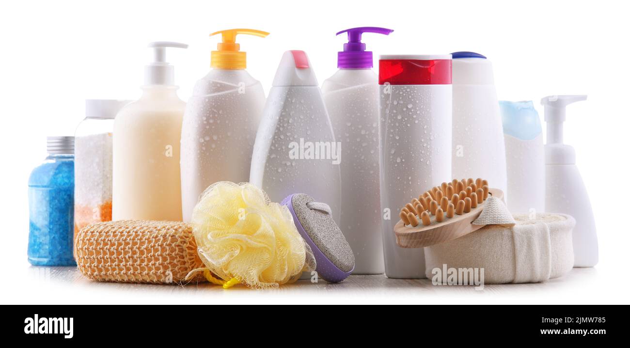 Plastic contaiers of shampoos and shower gels isolated on white ...