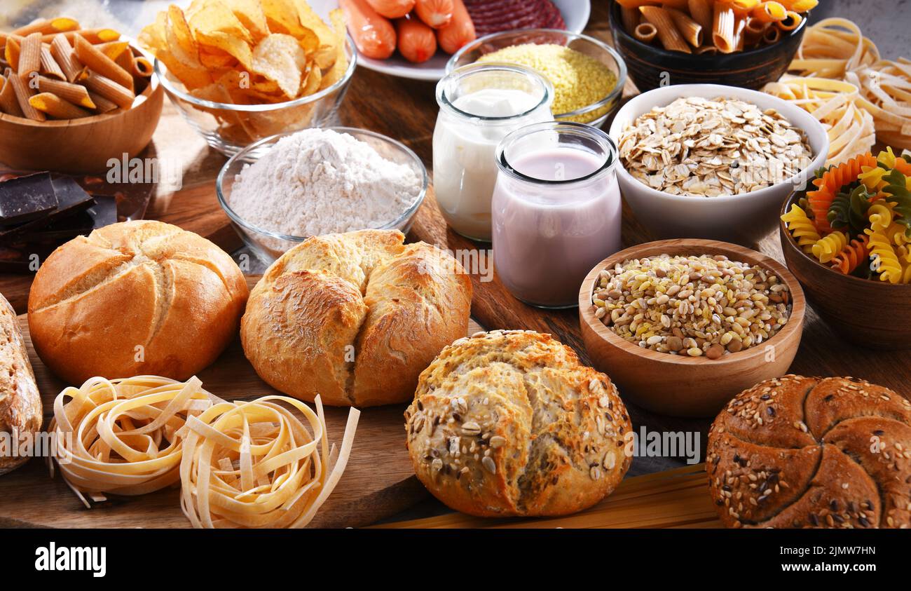 Composition with variety of food products containing gluten Stock Photo ...
