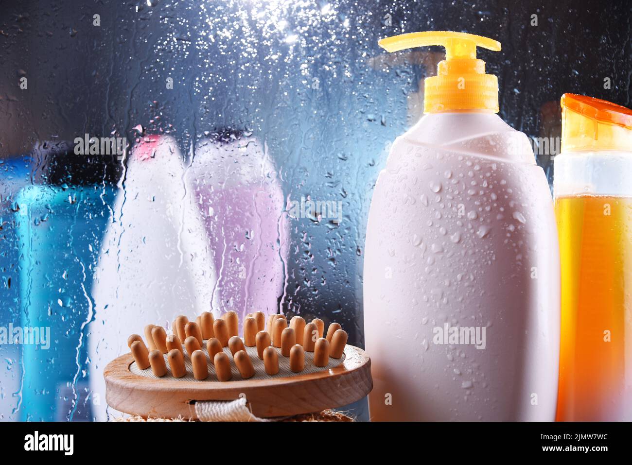 Different containers of body care products in the bathroom Stock Photo ...
