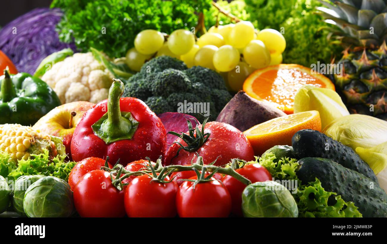 Composition with variety of fresh organic vegetables and fruits Stock ...
