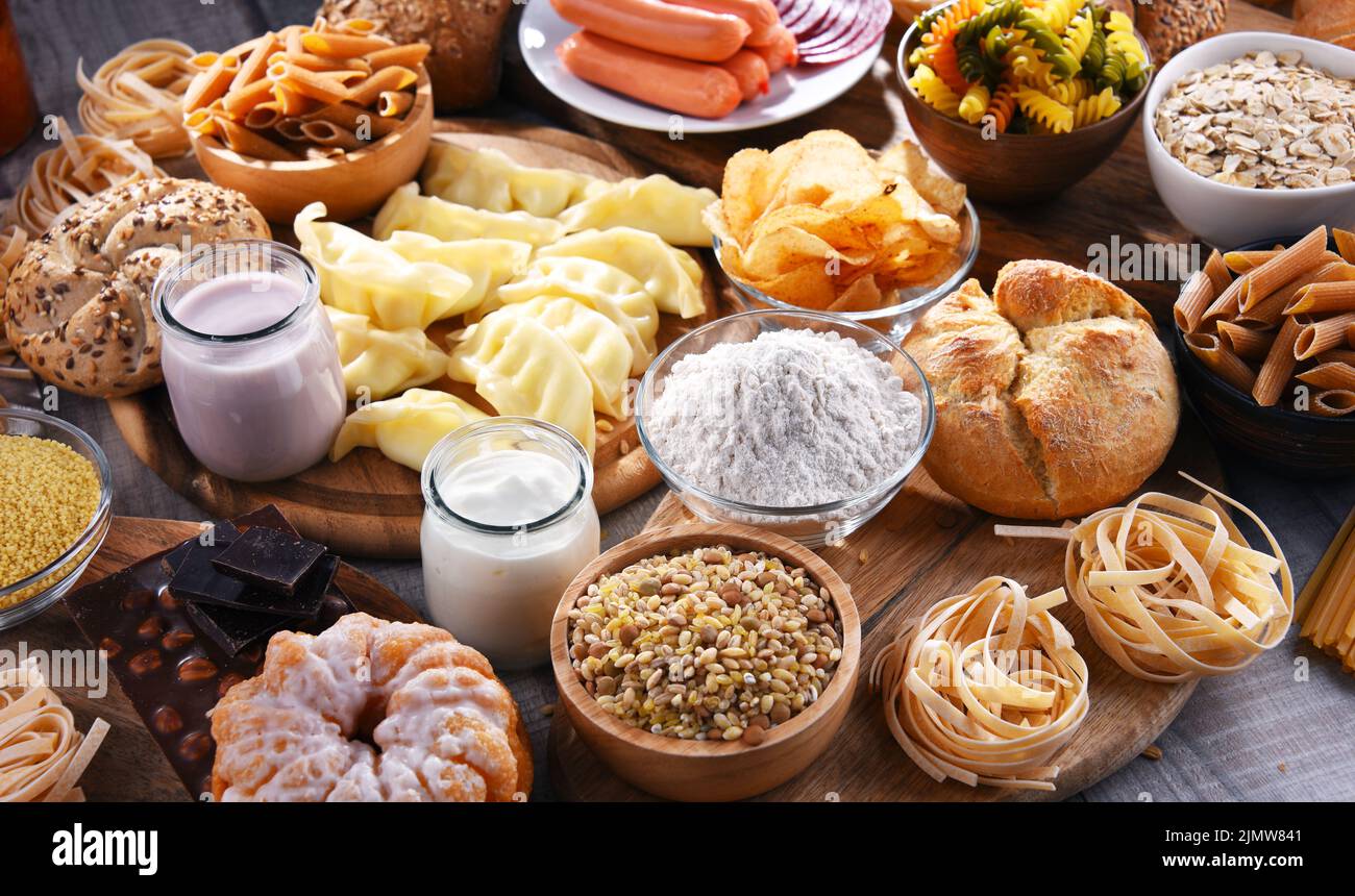 Composition with variety of food products containing gluten Stock Photo ...