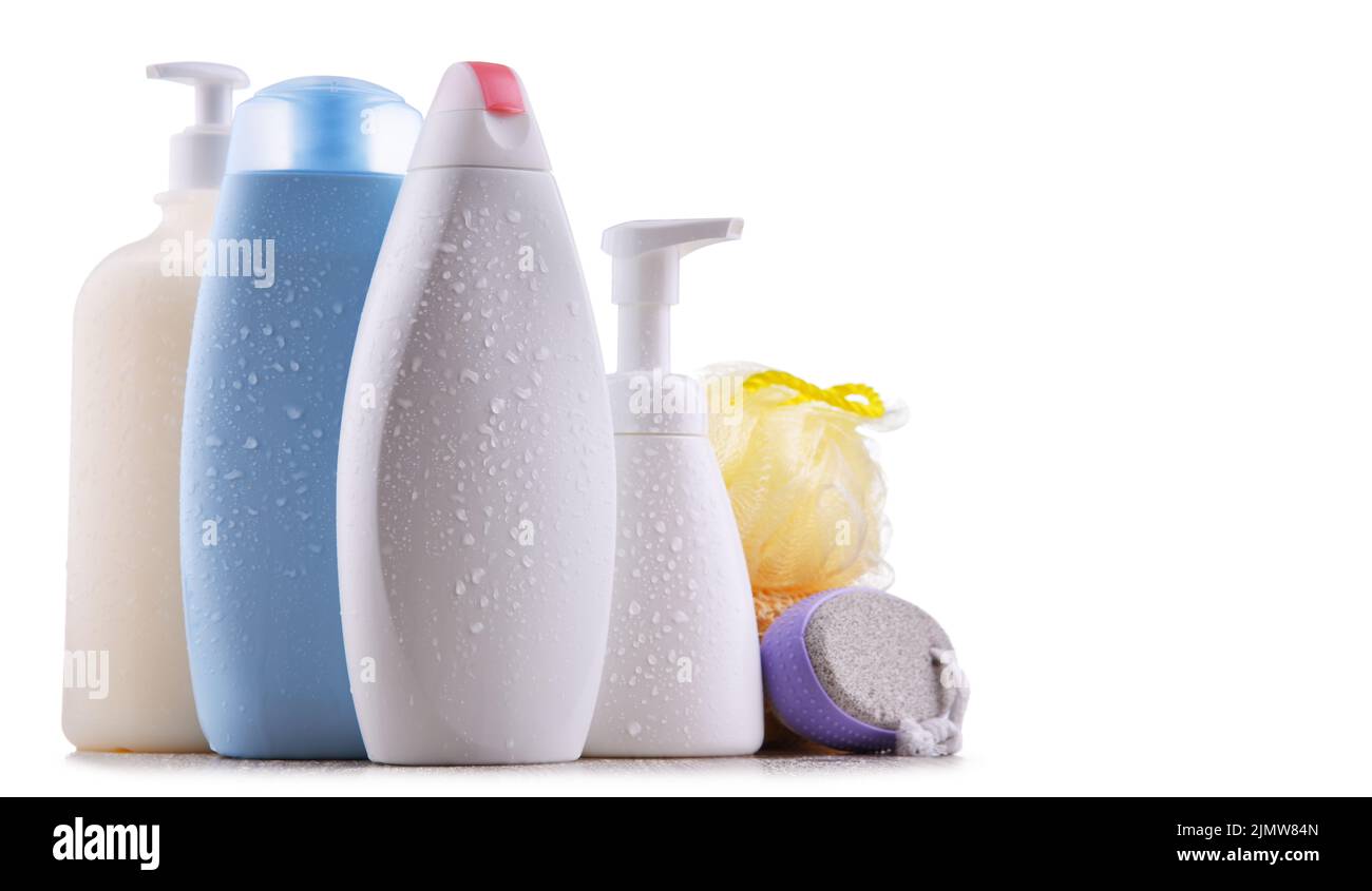 Plastic contaiers of shampoos and shower gels isolated on white ...