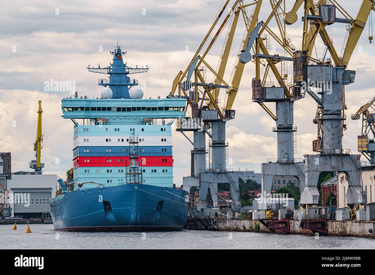 construction of modern nuclear icebreaker at the shipyard on the Neva ...