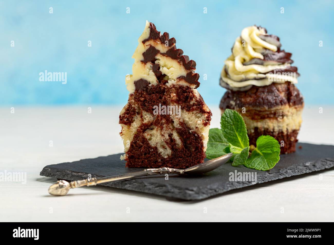Delicious homemade chocolate and vanilla cupcakes Stock Photo - Alamy