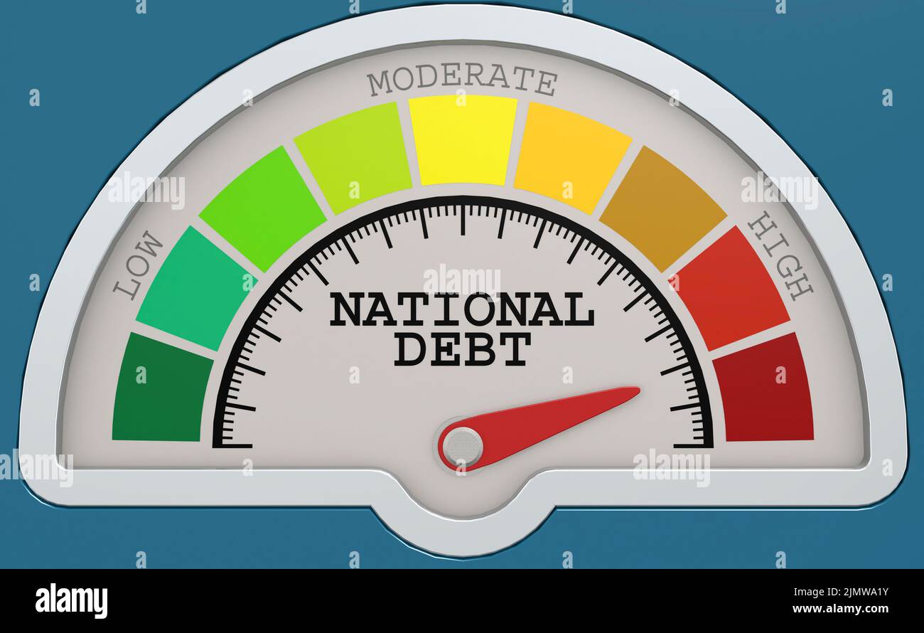 National debt level measuring scale with color indicator, 3d rendering ...