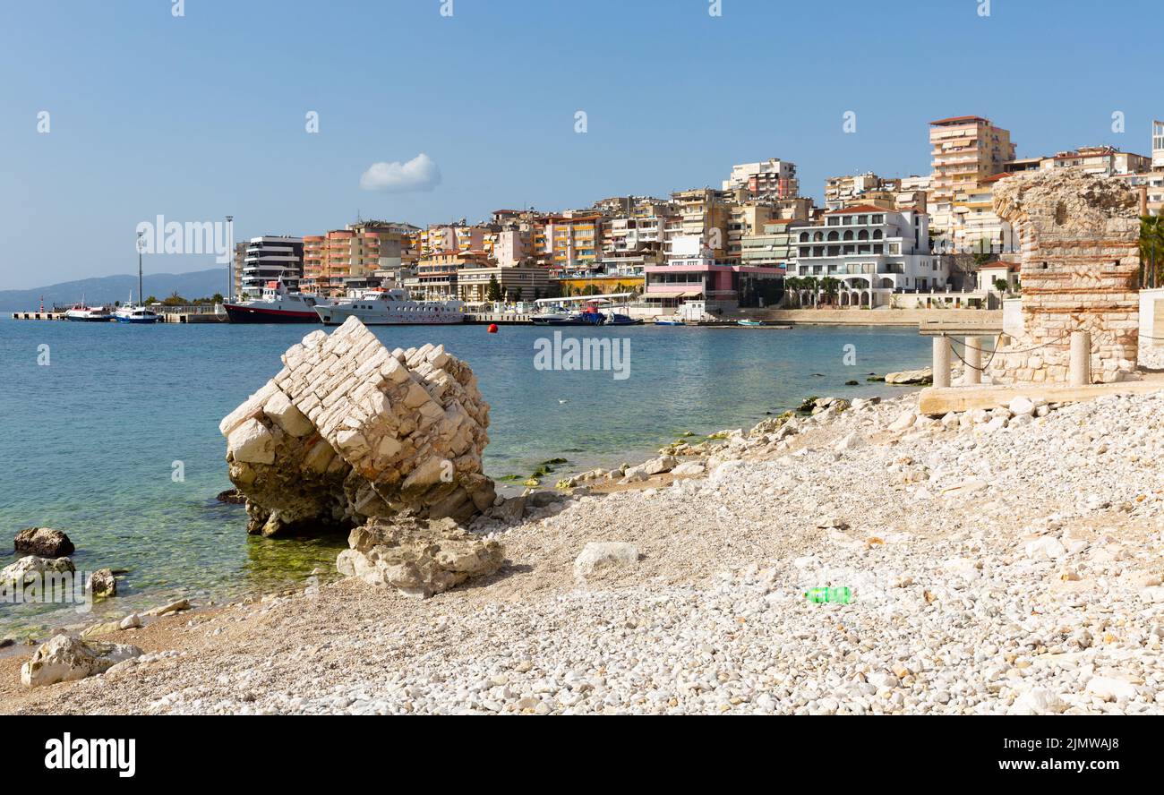 Sarande cityscape on Ionian Sea with residential area and harbor Stock ...