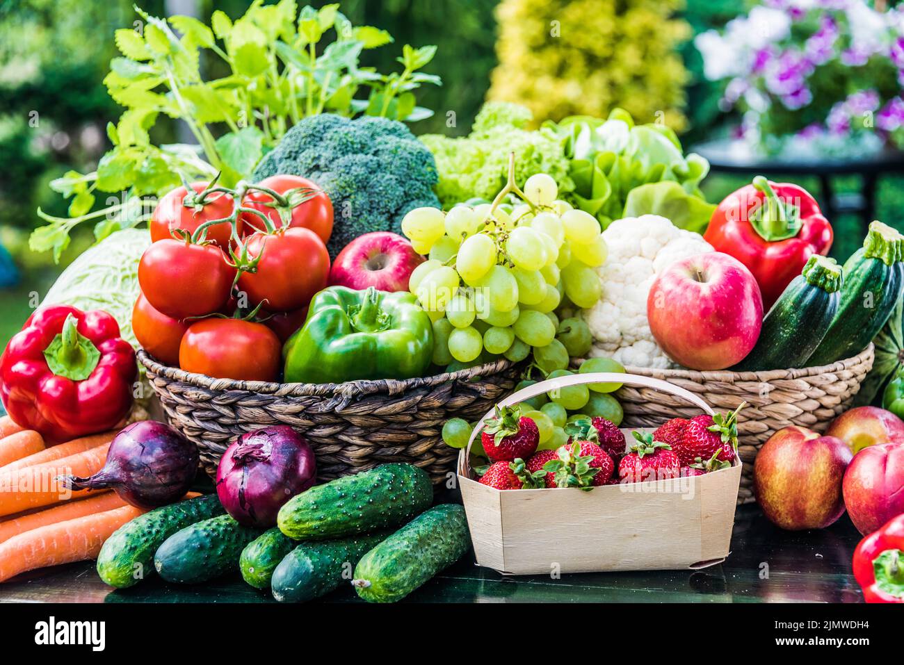 Variety of fresh organic vegetables and fruits in the garden. Balanced ...