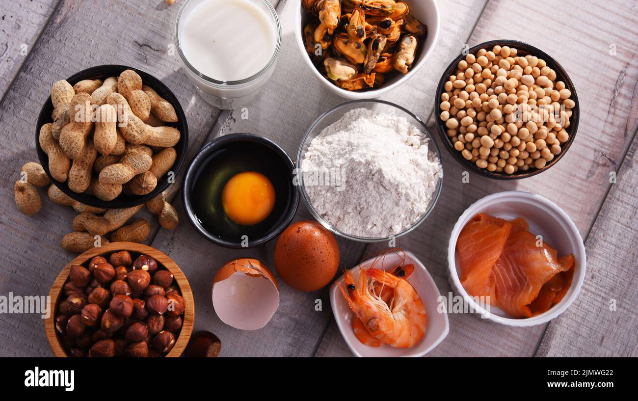 Composition with common food allergens including egg Stock Photo - Alamy