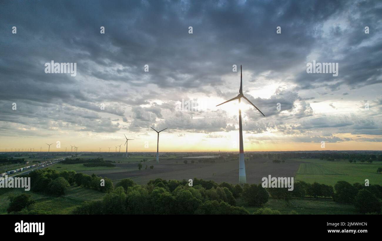 Panoramic aerial drone view of wind farm or wind park, with high wind ...