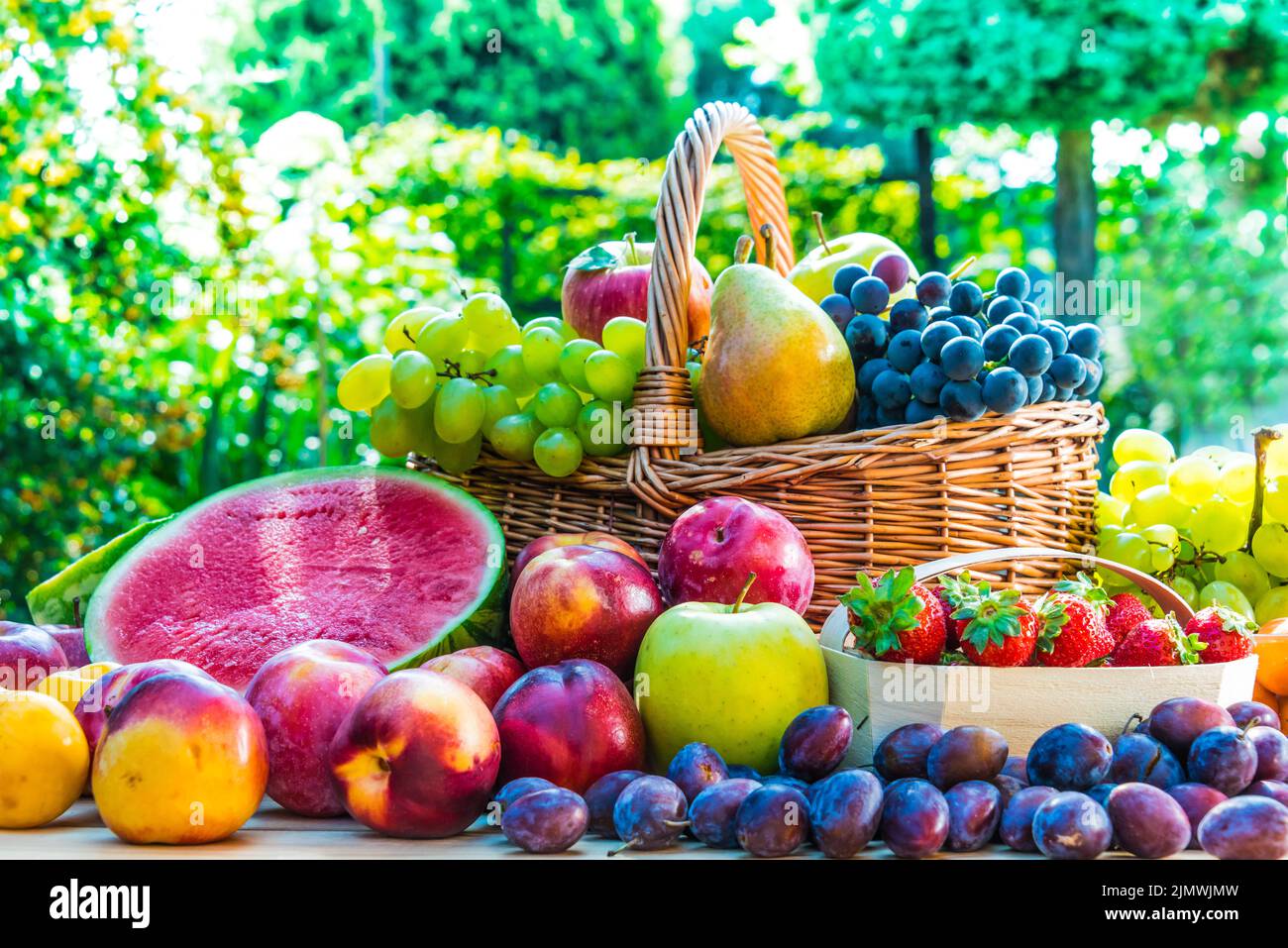 Variety of fresh ripe fruits in the garden. Balanced diet Stock Photo ...
