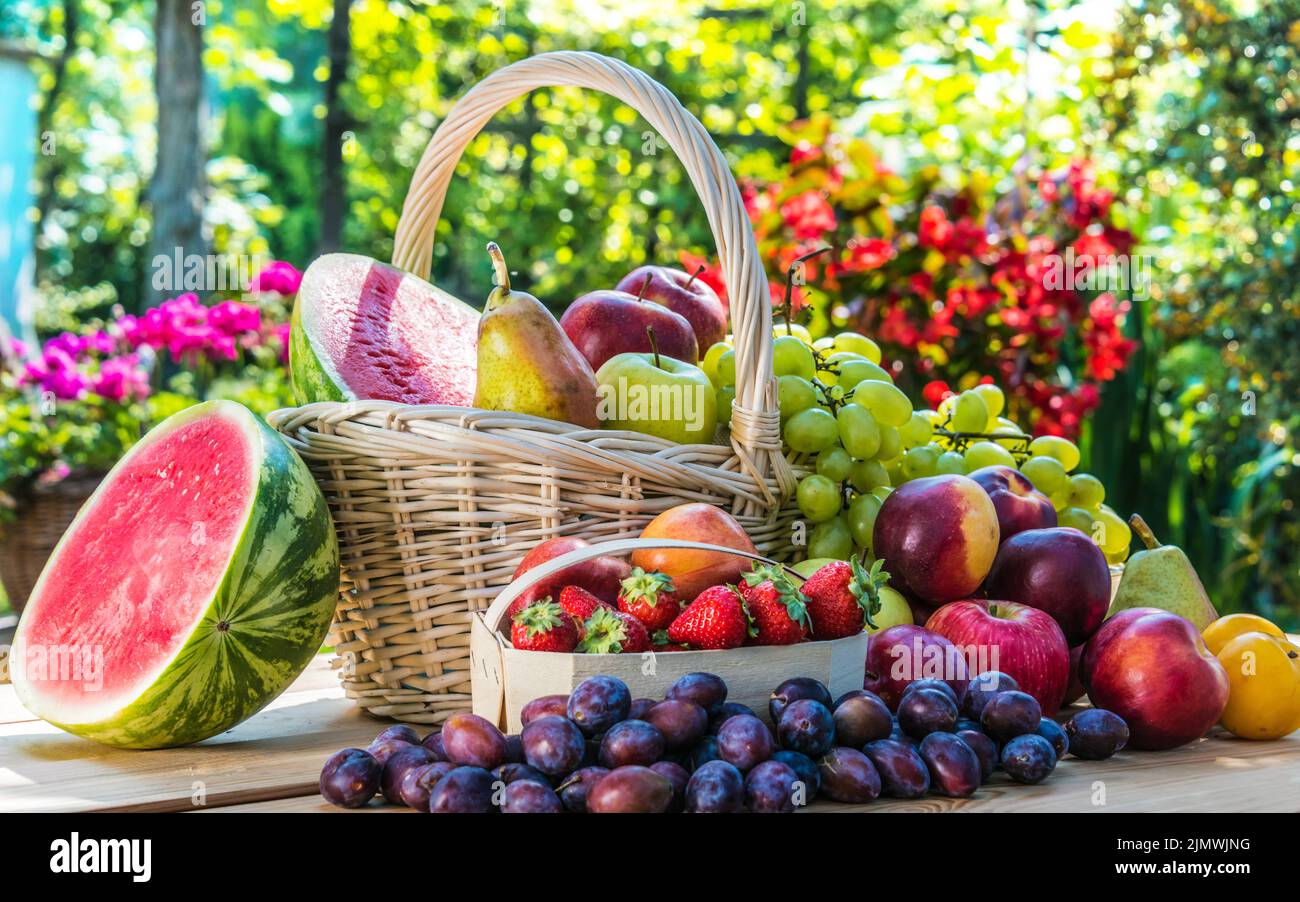 Variety of fresh ripe fruits in the garden. Balanced diet Stock Photo ...