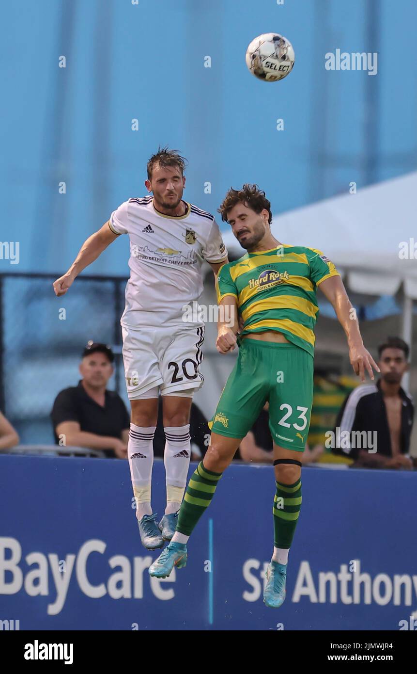 St. Petersburg, FL: Detroit City defender Deklan Wynne (20) and Tampa ...