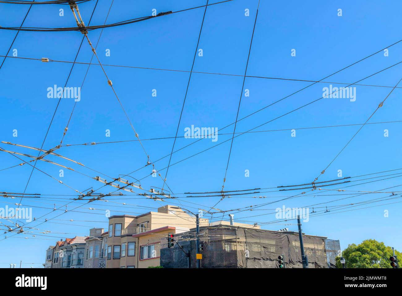Cables above an intersection used to power the public cable cars of San ...