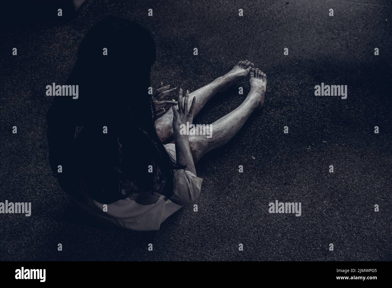 Back horror woman ghost creepy sitting at the house at night, halloween ...