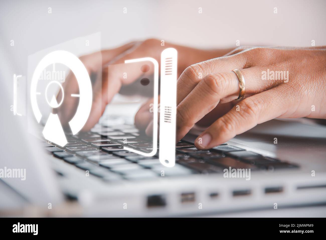 Typing keyboard. Female person text message for new project she remote ...