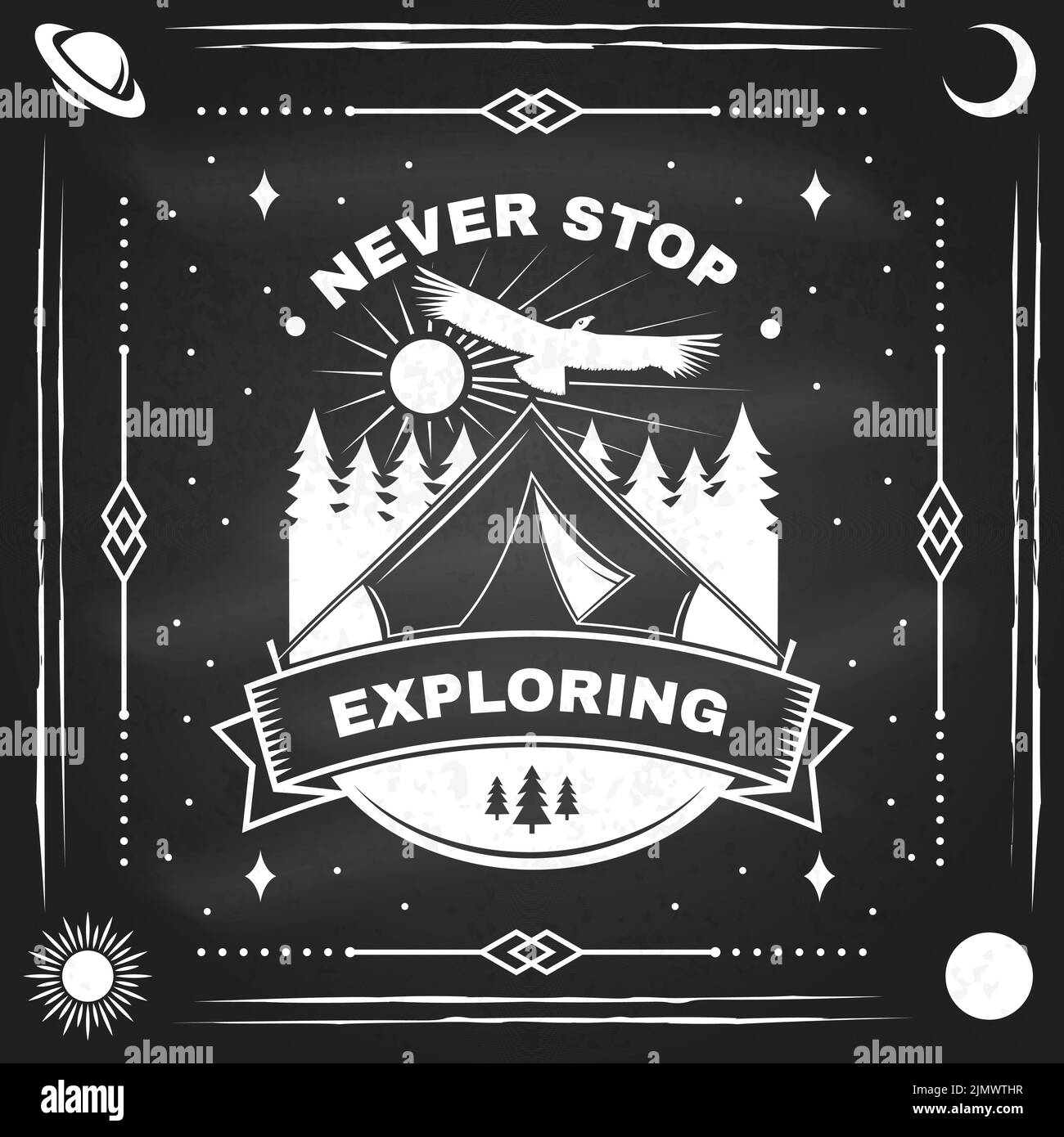 Never stop exploring on chalkboard. Vector illustration. Concept for ...