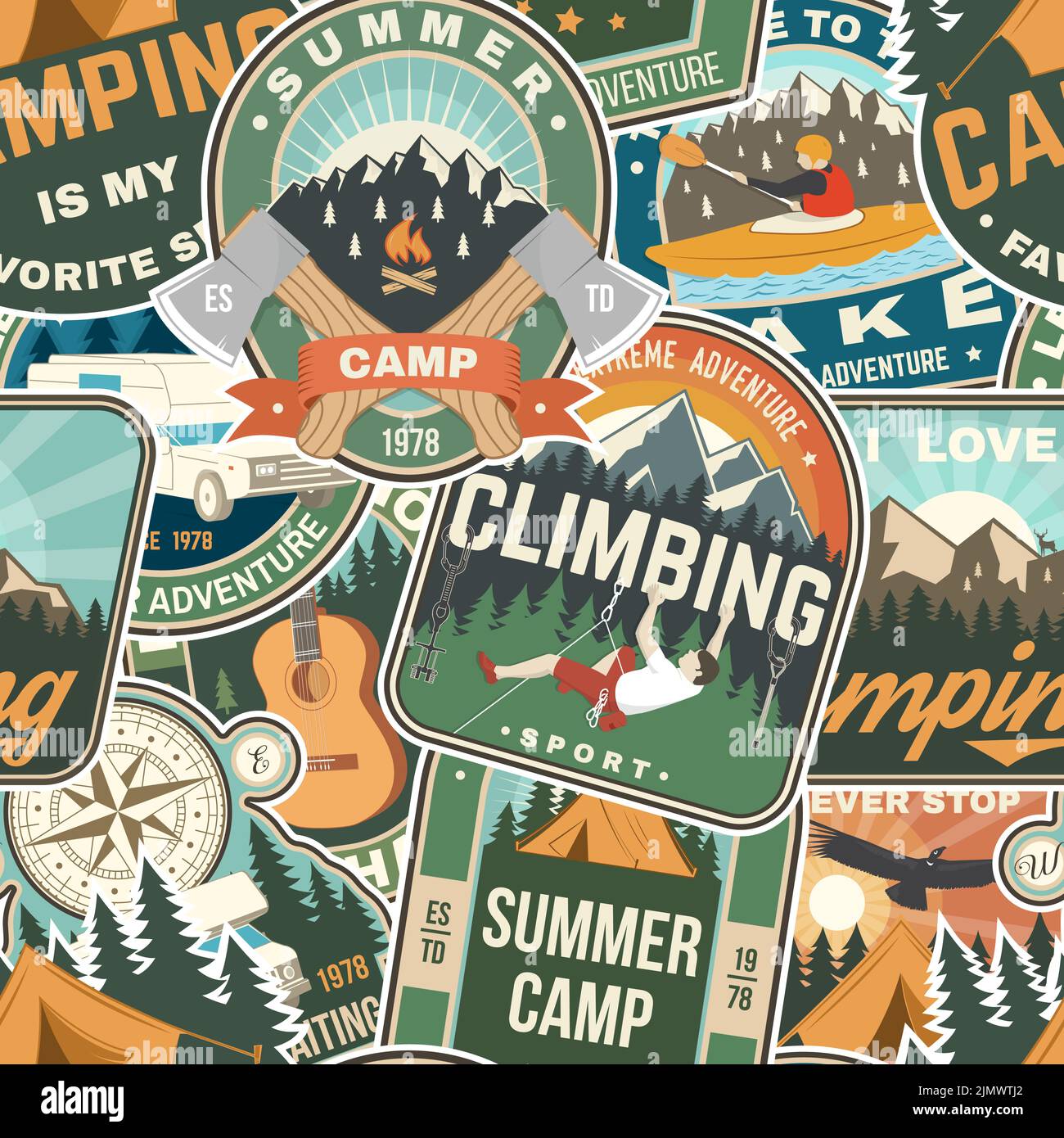 Summer camp colorful seamless pattern with travel inspirational quotes ...