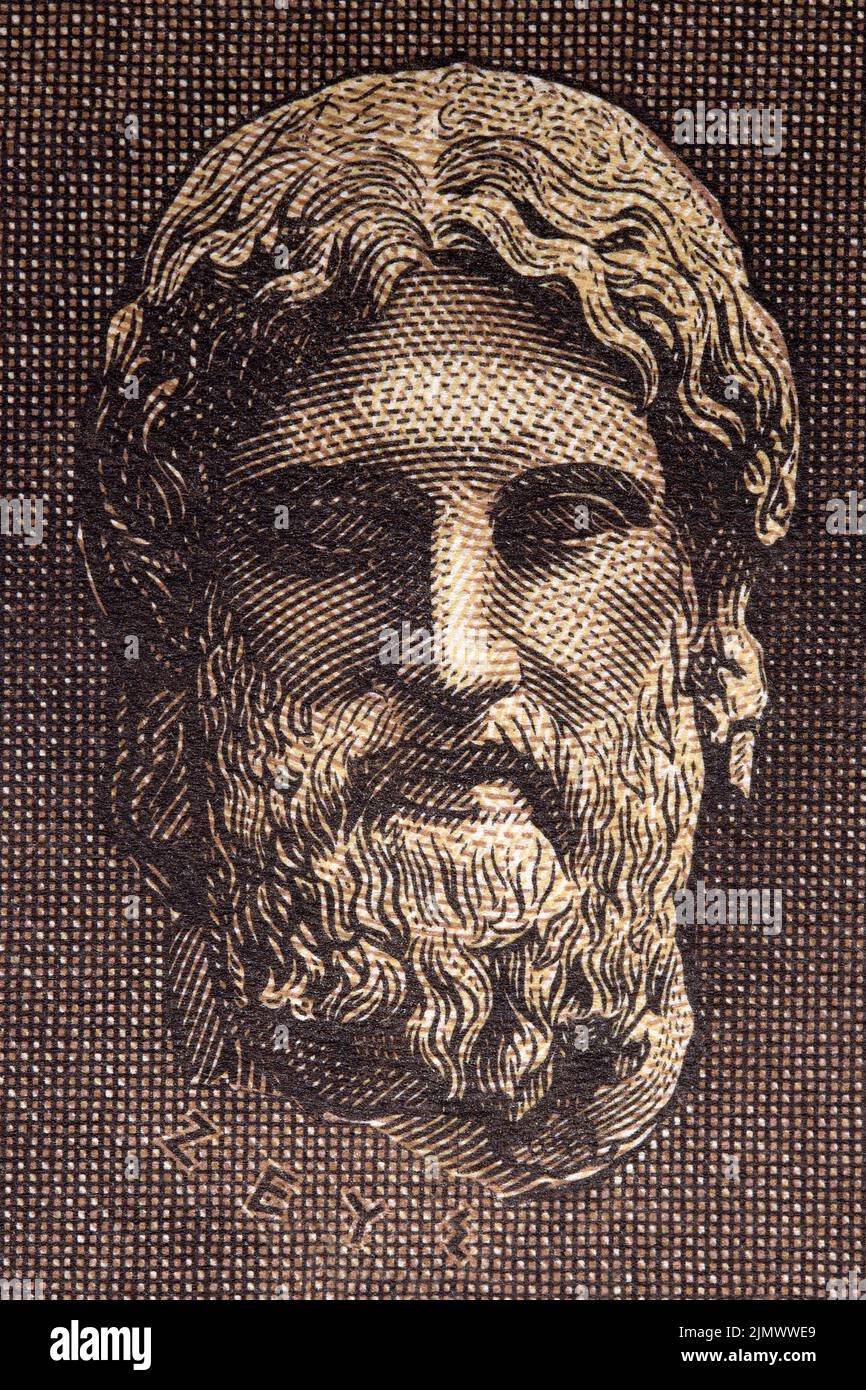 Zeus, portrait from Greek money Stock Photo - Alamy