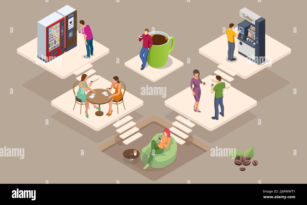 Isometric coffee time concept. Self-service coffee machines offer consistent quality coffee ...