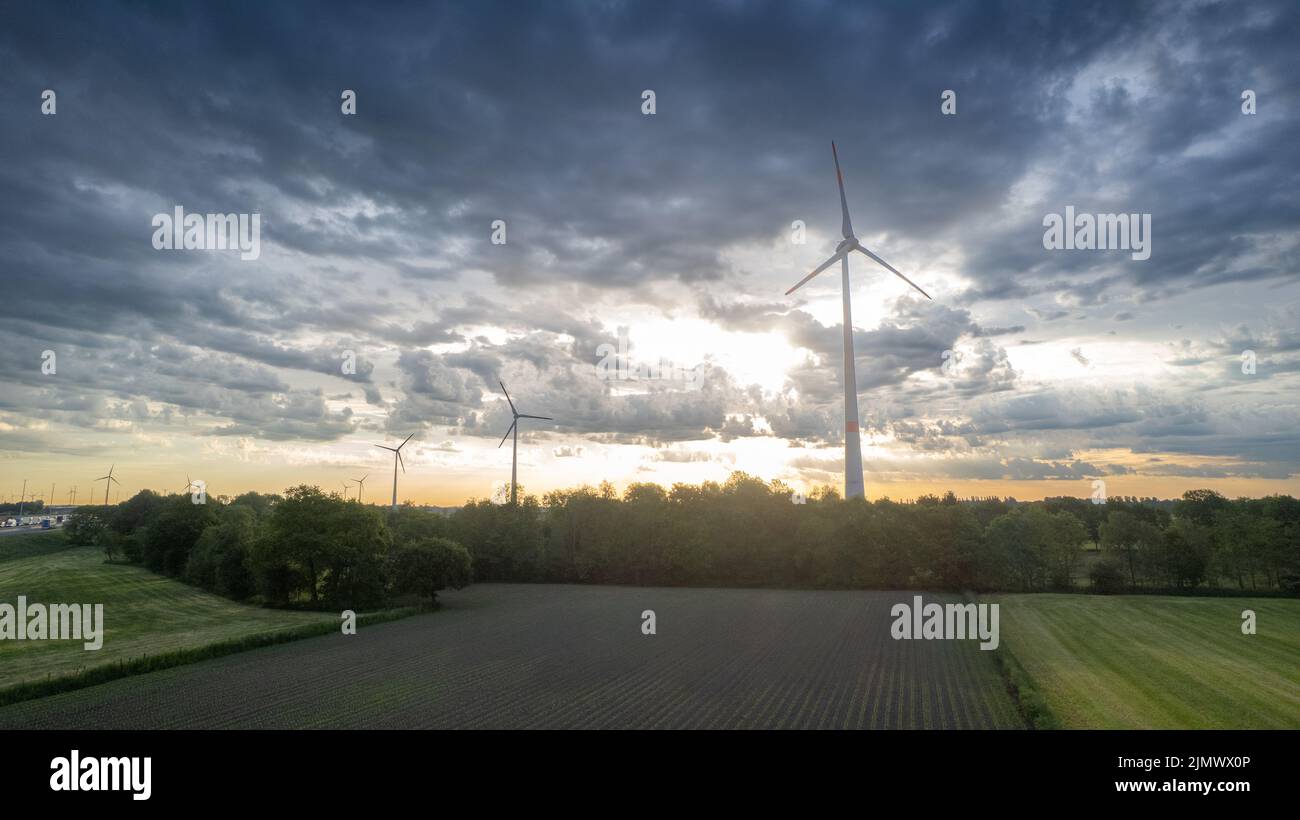 Panoramic aerial drone view of wind farm or wind park, with high wind ...
