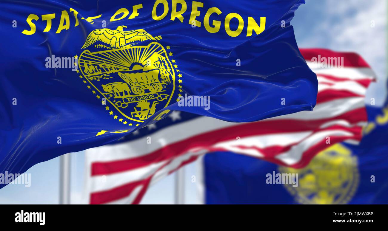 The Oregon state flag waving along with the national flag of the United ...