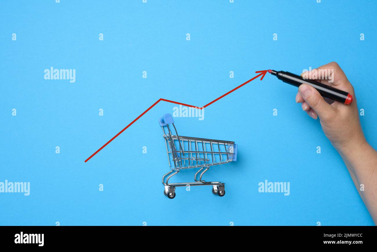 Miniature shopping cart and a hand with a red marker, a drawn graph ...