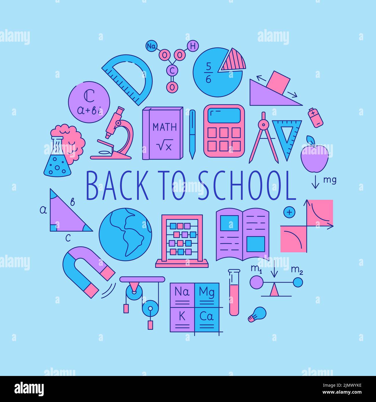 Back to school round poster in colored line style. Vector illustration ...
