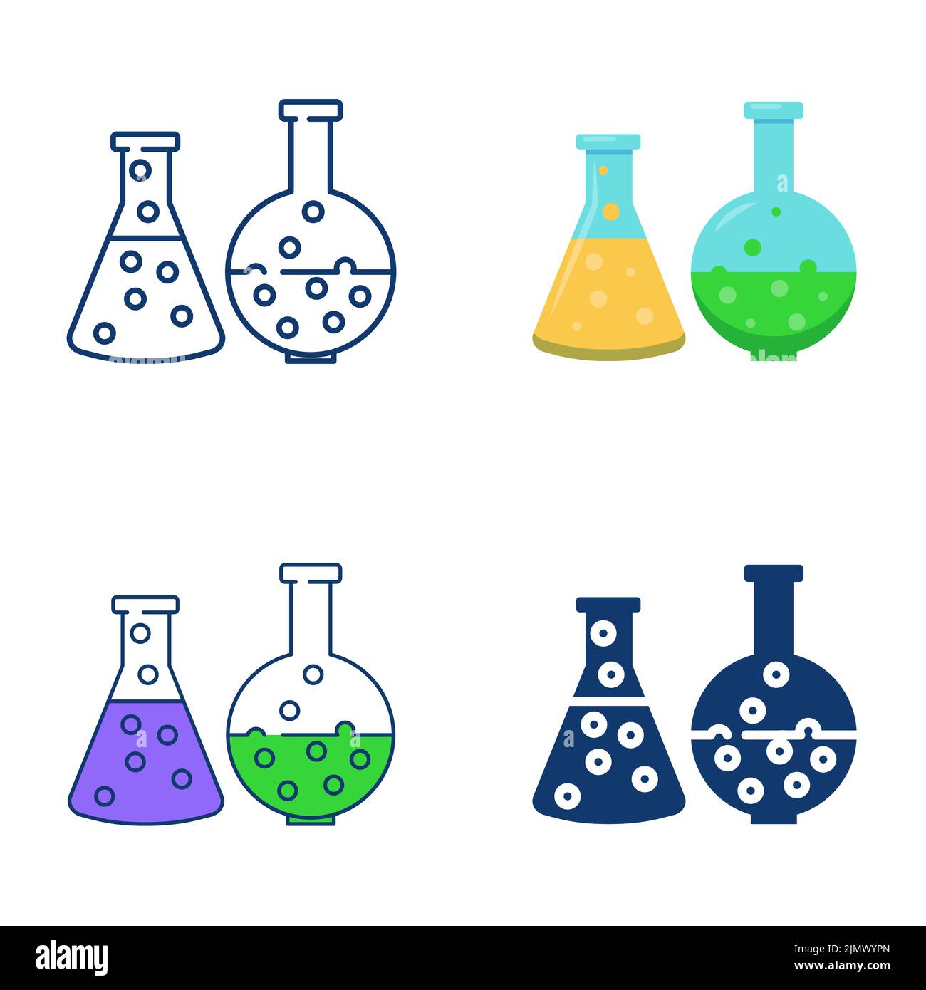 Chemical flasks icon set in flat and line style. Laboratory bottles ...