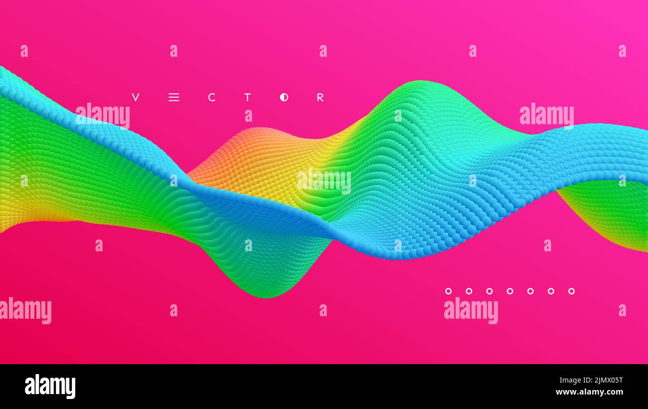 3D wavy background. Array with dynamic emitted particles. A wave formed from many spheres ...