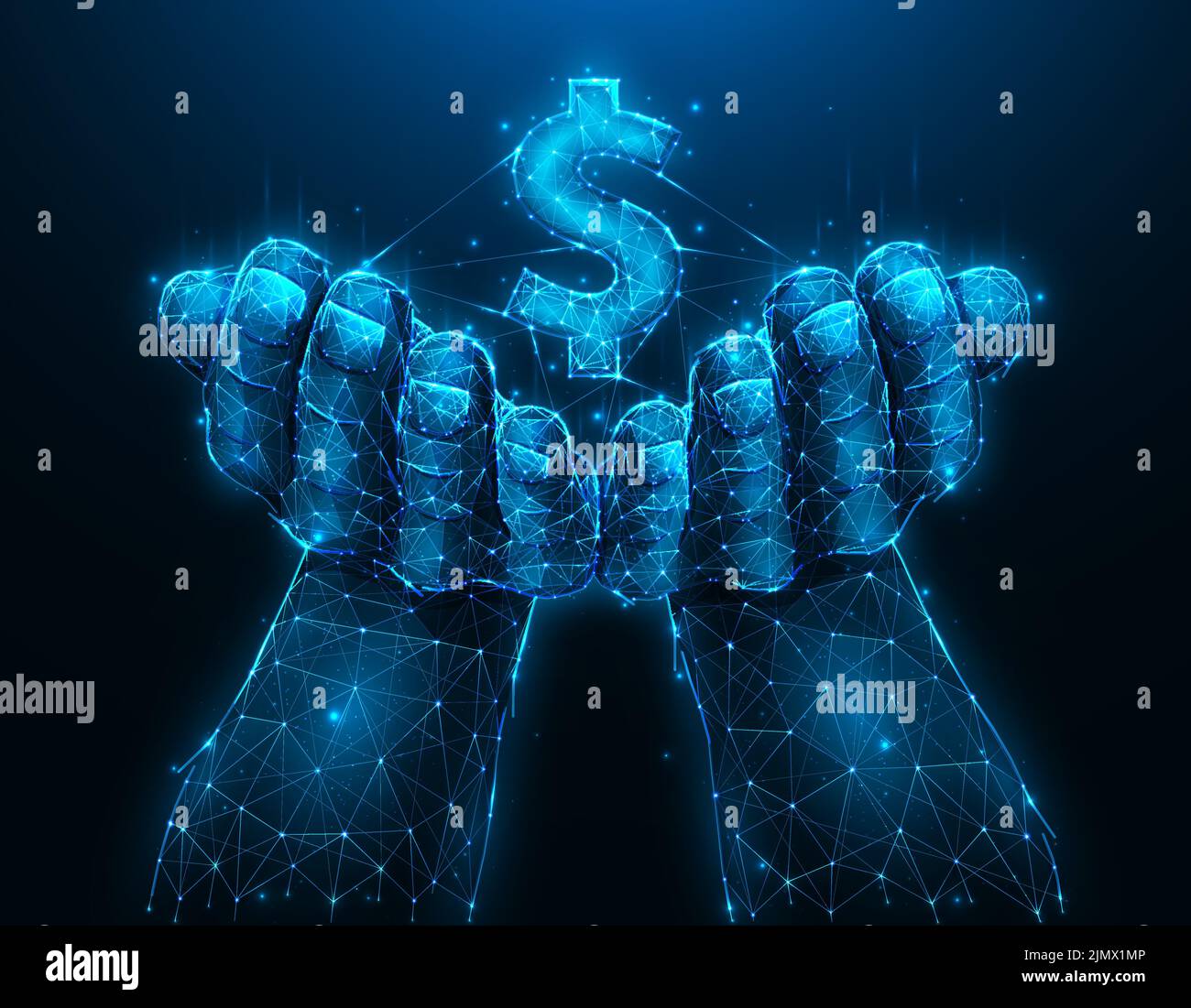 Hands holding dollar symbol polygonal vector illustration on dark blue ...