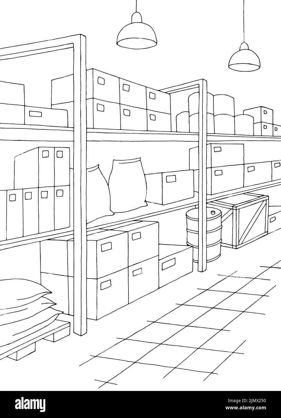 Warehouse interior storage graphic black white interior sketch ...