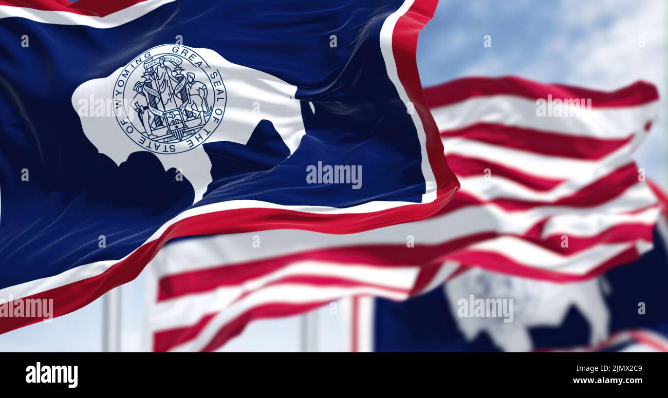 The Wyoming state flag waving along with the national flag of the US ...