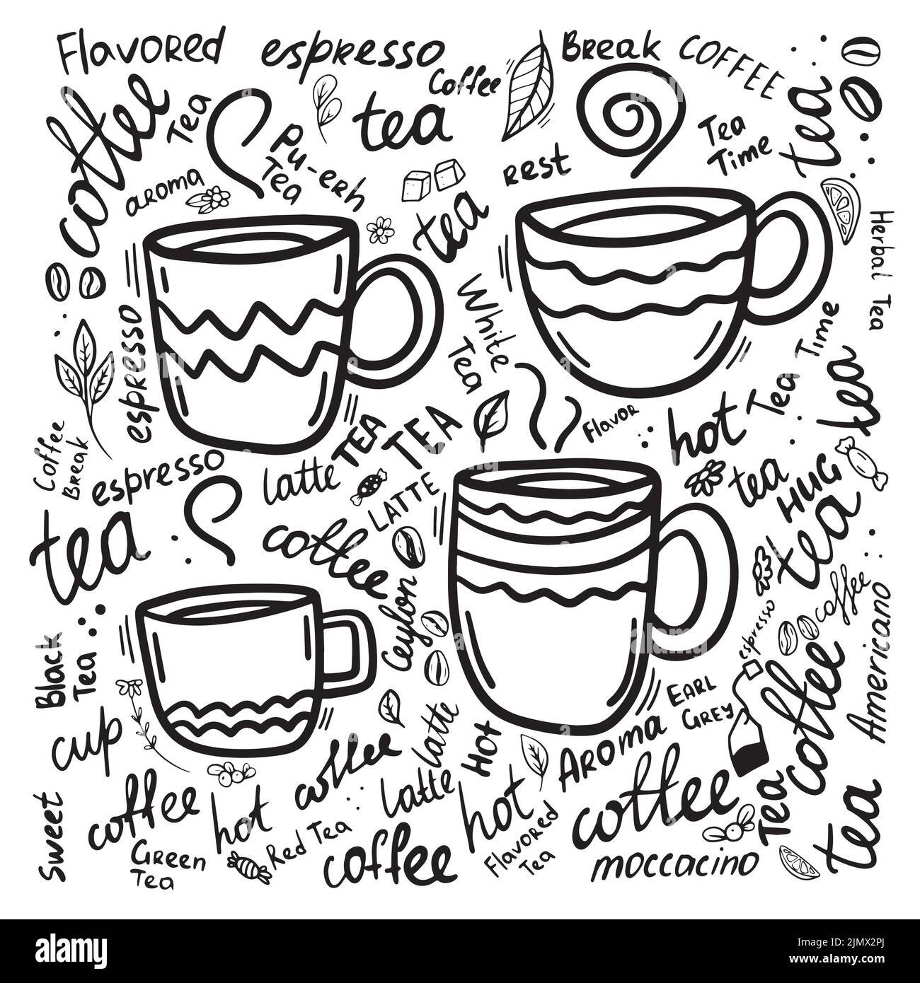 Set of Tea or coffee cup vector doodle hand drawn line illustration ...