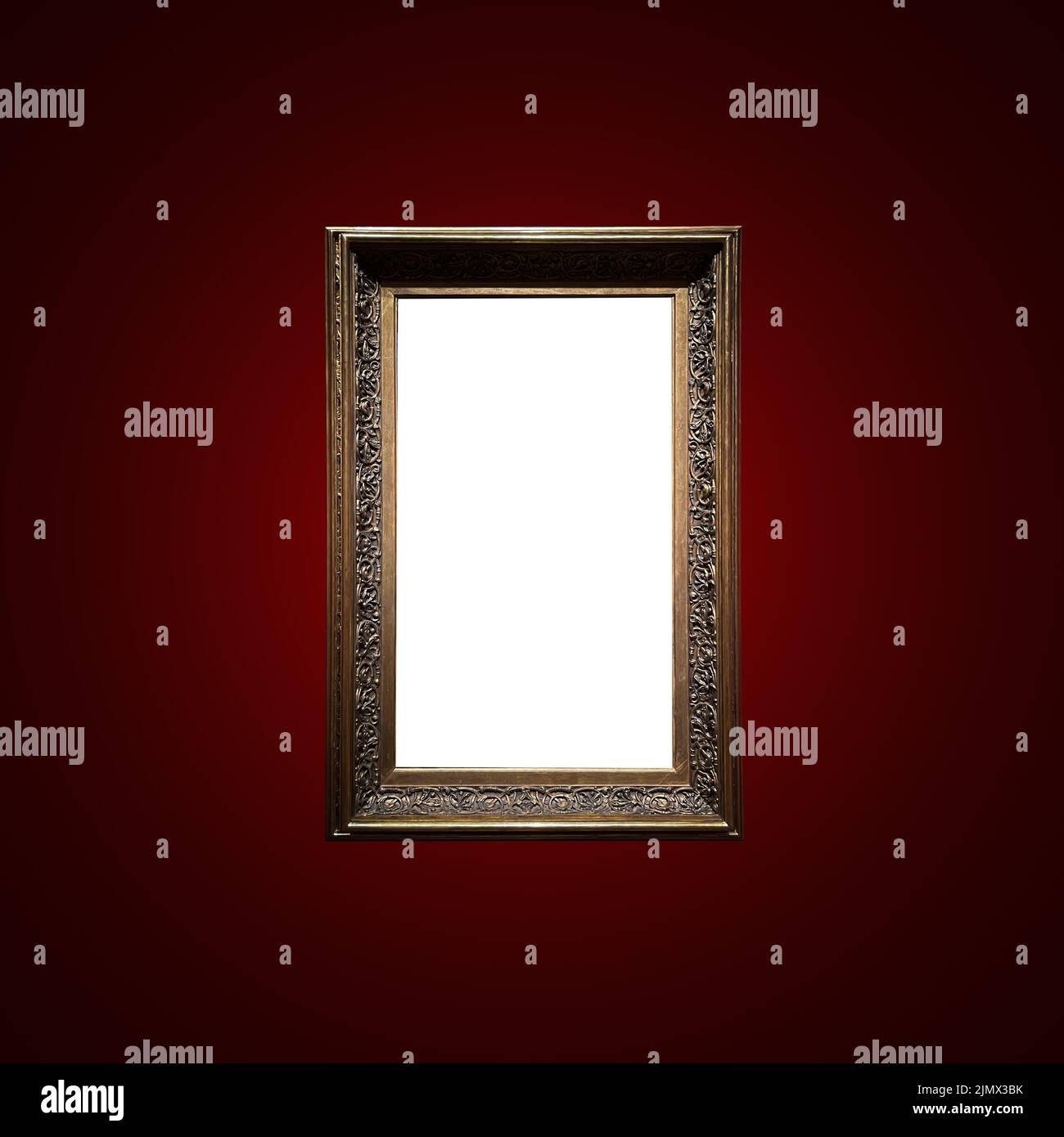 Antique art fair gallery frame on royal red wall at auction house or ...