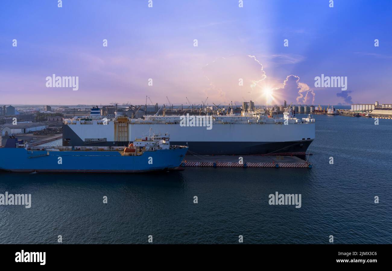 Mexico, Panoramic view of Veracruz city port with container ships ...