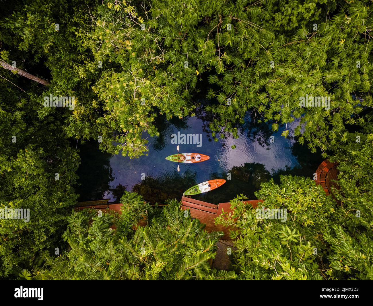 Couple in kayak in the jungle of Krabi Thailand, men and woman in kayak ...