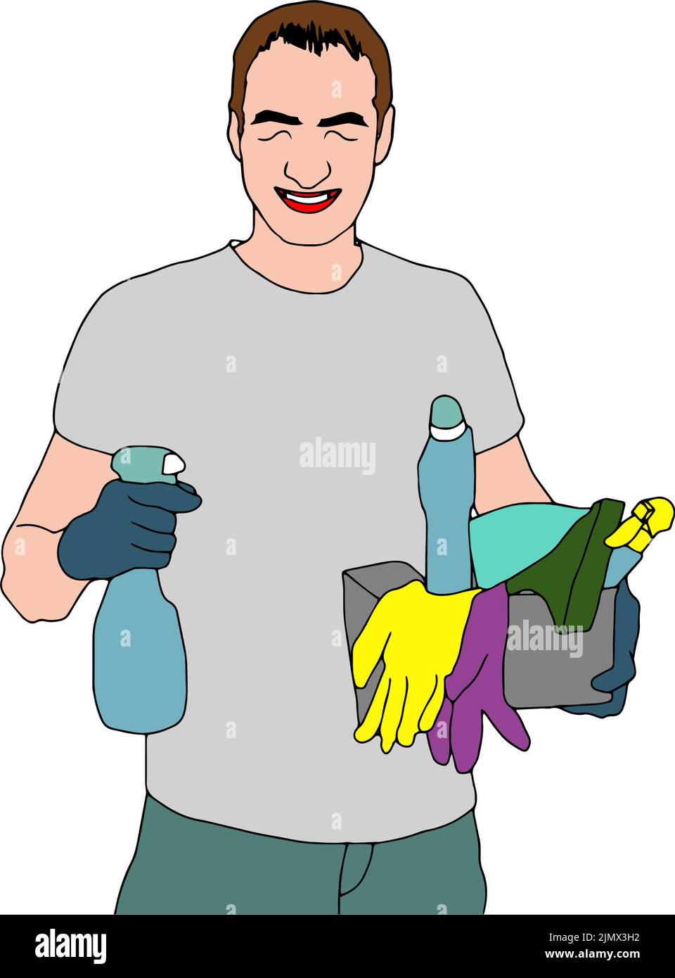 A cleaner with a bucket. Cleaning products and detergents. .Vector ...