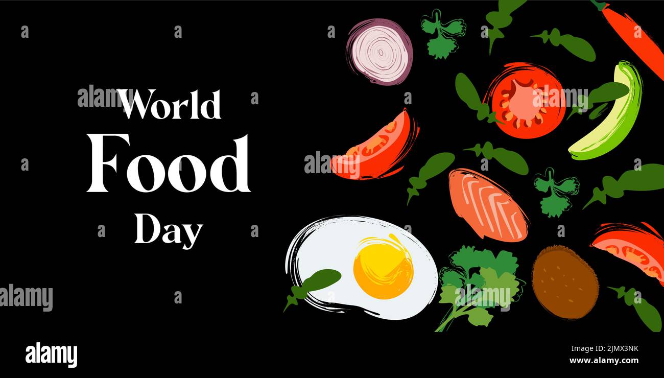 Food illustrations on black background with text World Food Day Stock ...