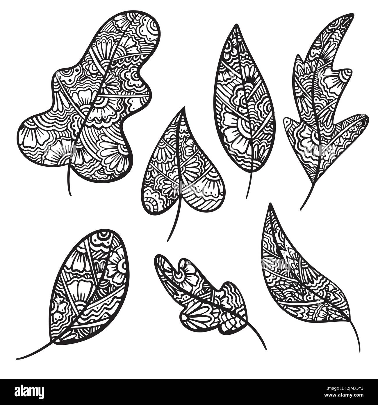Set of Vector zen tangle and doodle leaf. Anti-stress autumn Nature ...