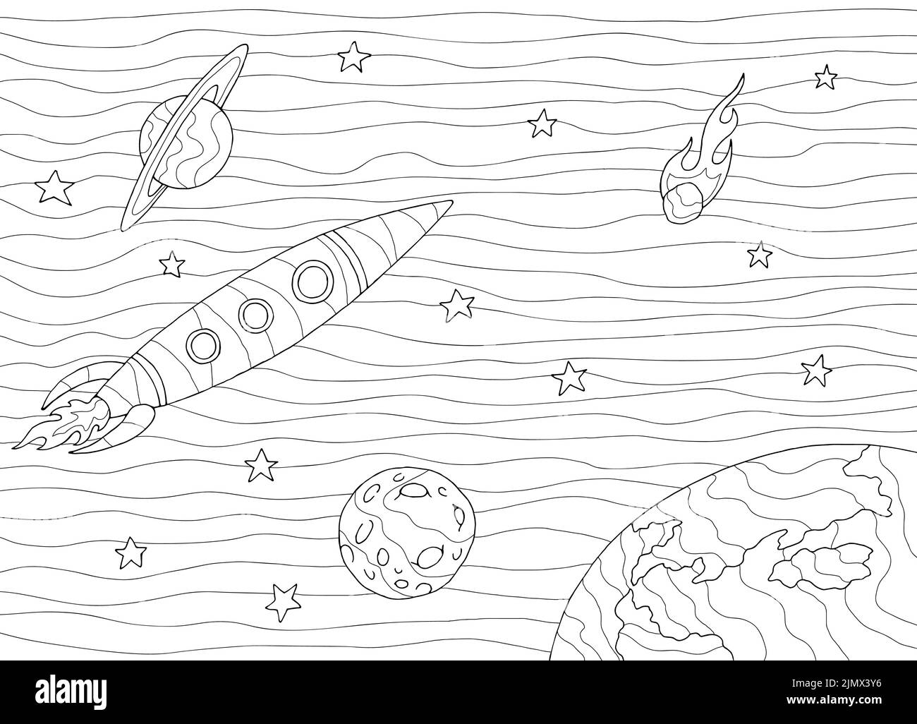 Rocket coloring space graphic black white sketch illustration vector ...