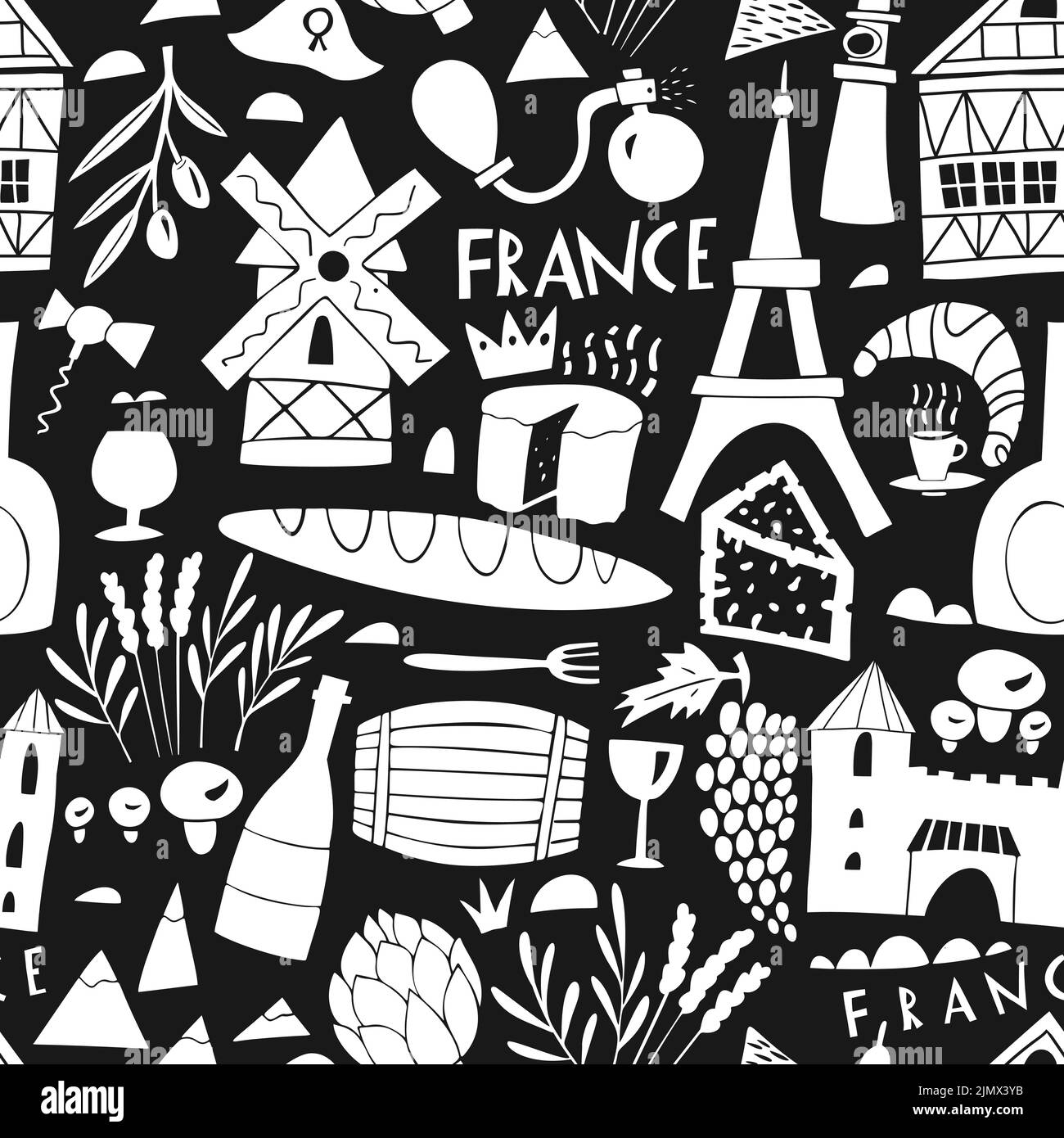 Vector hand drawn France seamless pattern. Travel illustration with ...
