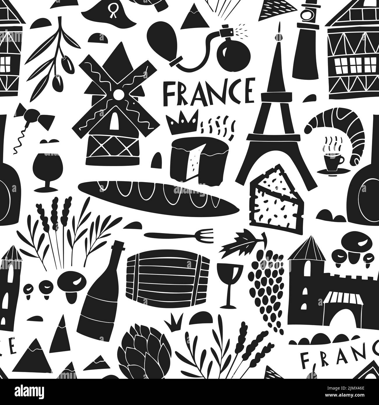 Vector hand drawn France seamless pattern. Travel illustration with ...