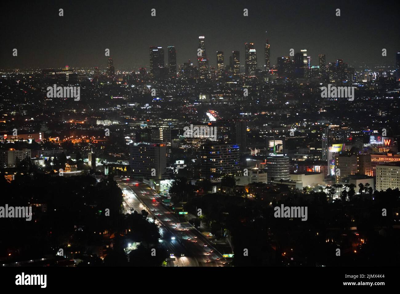 The skyline at night in Los Angeles. Los Angeles (LA), a modern and ...